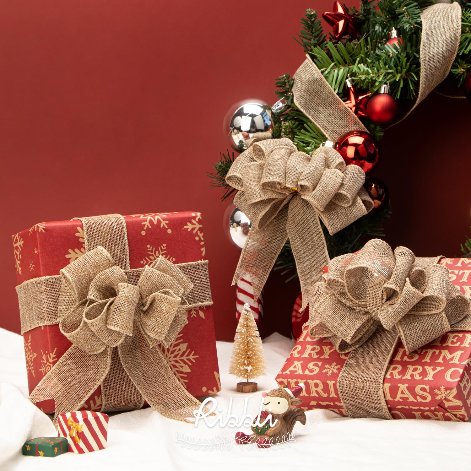 Ribbli Burlap Ribbon Continuous 20 Yard 1.5 Inch Natural Wired Ribbon for Wreaths,Big Bows,Tree Decoration,Outdoor Decoration