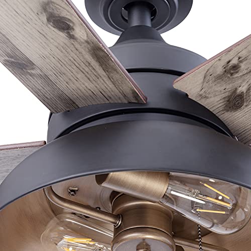 Prominence Home Brightondale, 52 Inch Industrial Style Indoor Outdoor LED Ceiling Fan with Light, Pull Chain, Dual Mounting Options, 5 Dual Finish Blades, Reversible Motor - 51659-01 (Matte Black)