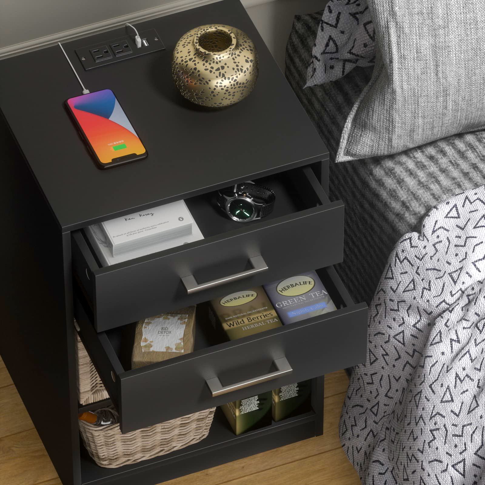 Irontar Nightstand with Charging Station, 2 Drawers End Table with 2 AC Outlets and 2 USB Ports, Wooden Side Table, Bedside Table with Adjustable Open Storage, Bedroom Night Stand, Black BZZ001BE