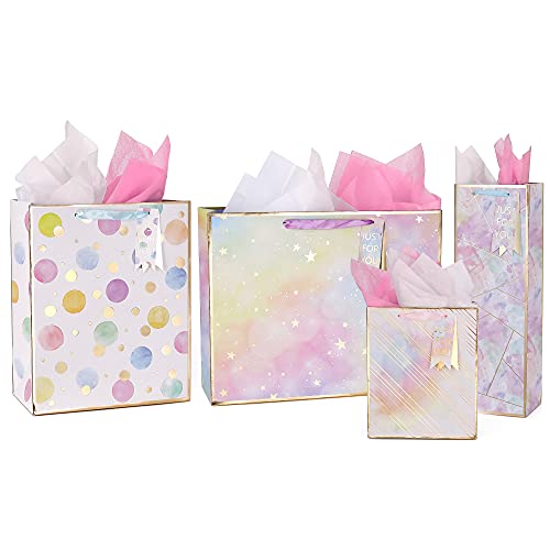 4 Pack Gift Bags Assorted Sizes Large Medium Small Paper Bags with Handles & Tissue Paper Reusable Colorful Polka Dots Stripes Stars Pattern Favor Gags for Party, Birthday, Mother's Day, Wedding Any Occasion