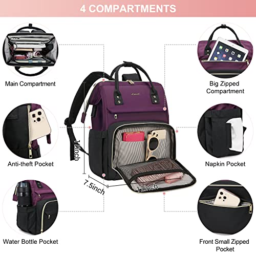 LOVEVOOK Laptop Backpack Purse for Women, 17 Inch Computer Business Stylish Backpacks, Doctor Nurse Bags for Work, Casual Daypack Backpack with USB Port, Dark Purple-Black