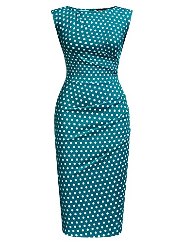 Miusol Women's Retro Ruffle Style Slim Work Pencil Dresss (Small, Acid Blue Polka Dot)