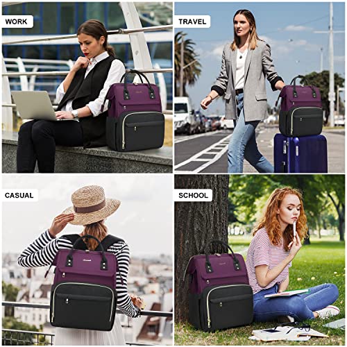 LOVEVOOK Laptop Backpack Purse for Women, 17 Inch Computer Business Stylish Backpacks, Doctor Nurse Bags for Work, Casual Daypack Backpack with USB Port, Dark Purple-Black