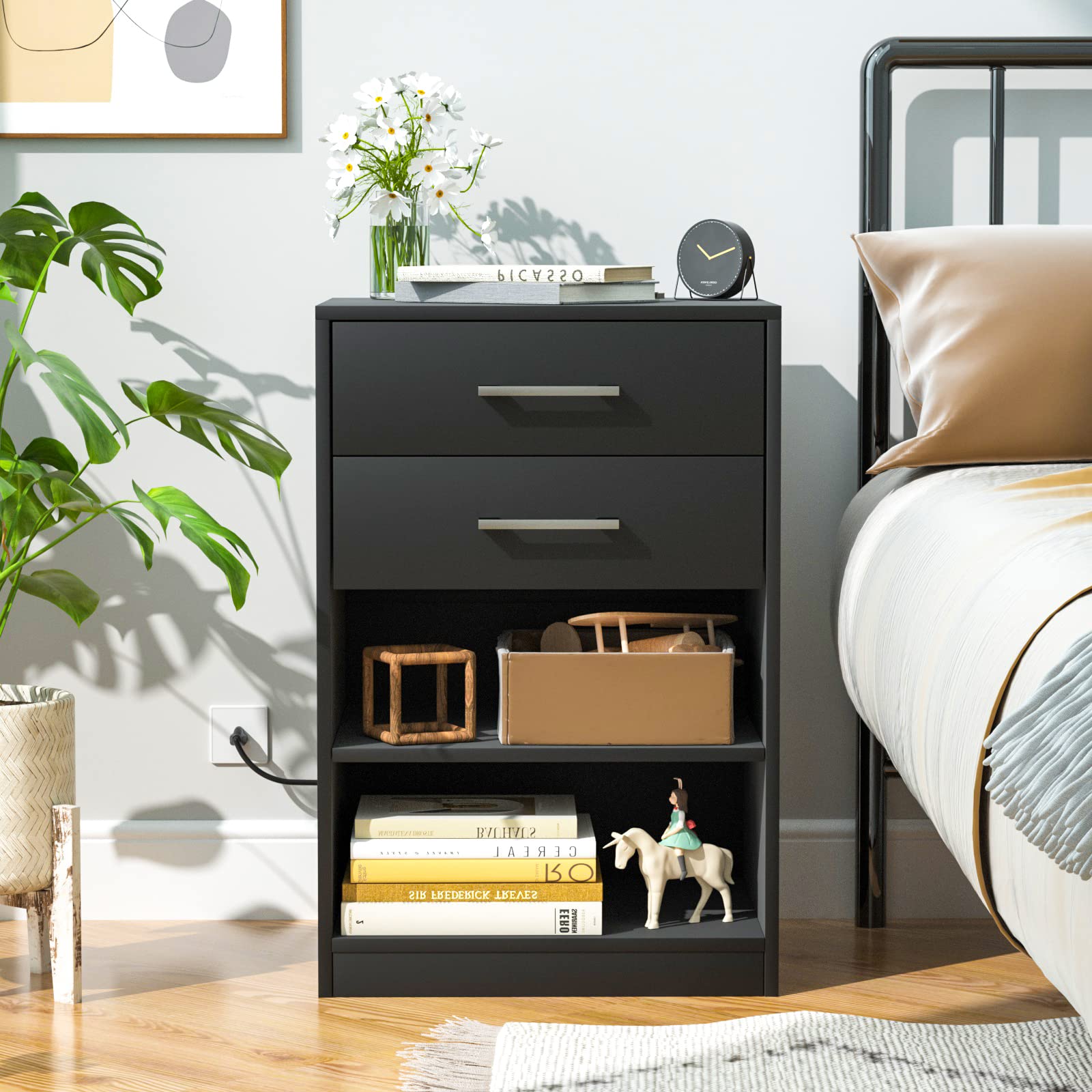 Irontar Nightstand with Charging Station, 2 Drawers End Table with 2 AC Outlets and 2 USB Ports, Wooden Side Table, Bedside Table with Adjustable Open Storage, Bedroom Night Stand, Black BZZ001BE