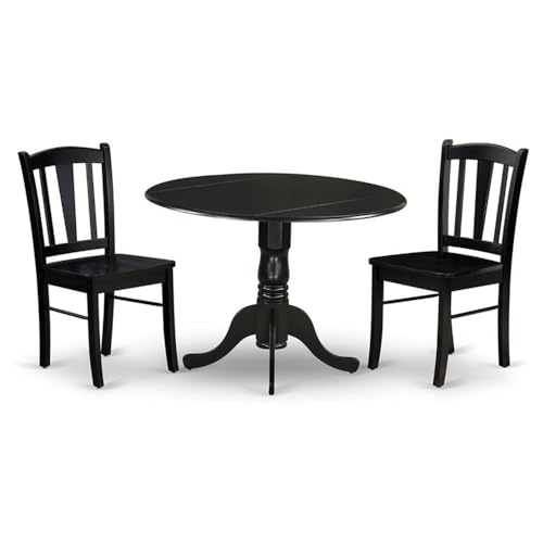 East West Furniture DLDL3-BLK-W 3 Piece Dining Room Furniture Set Contains a Round Kitchen Table with Dropleaf and 2 Dining Chairs, 42x42 Inch, Black