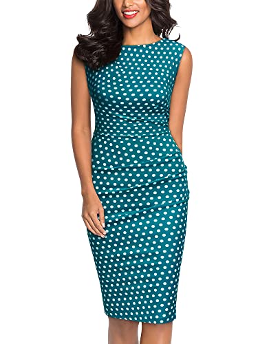 Miusol Women's Retro Ruffle Style Slim Work Pencil Dresss (Small, Acid Blue Polka Dot)