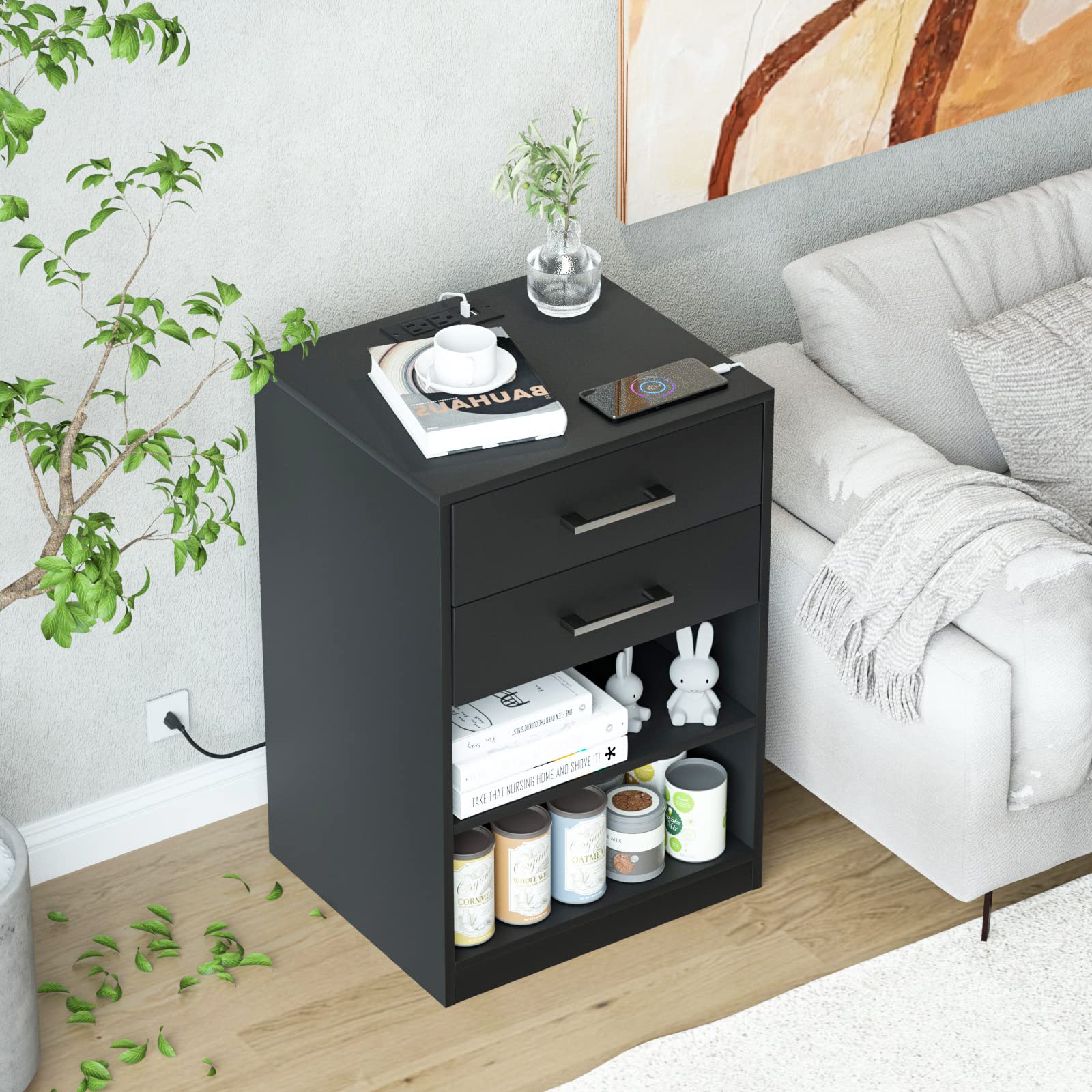 Irontar Nightstand with Charging Station, 2 Drawers End Table with 2 AC Outlets and 2 USB Ports, Wooden Side Table, Bedside Table with Adjustable Open Storage, Bedroom Night Stand, Black BZZ001BE