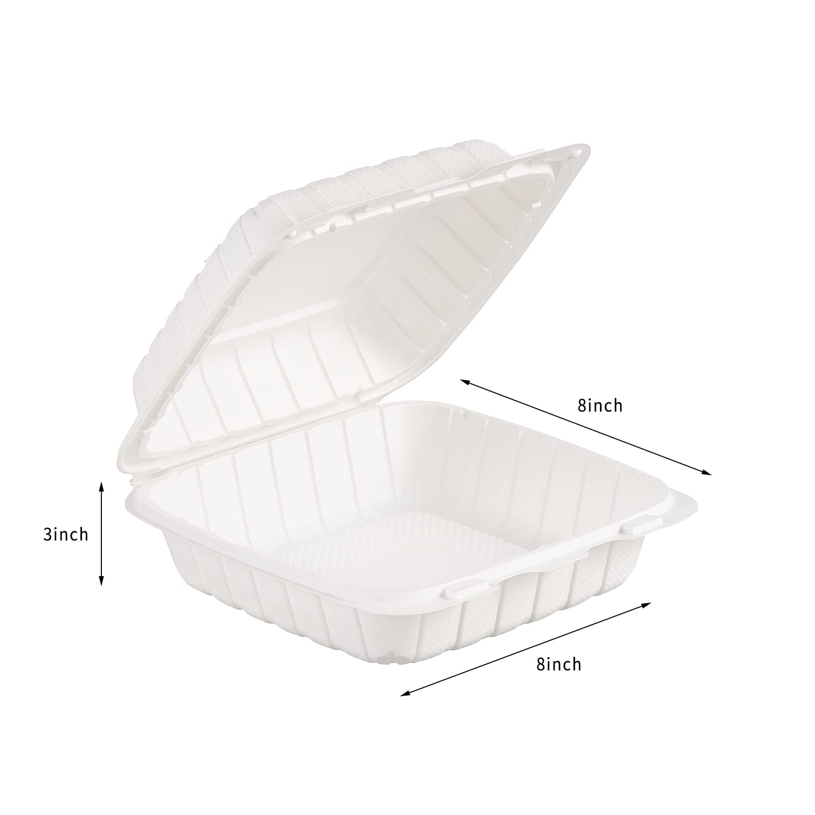 8X8" 1-Compartment 50Pack Plastic Clamshell Take Out Food Containers Heavy-Duty Togo Disposable Lunch Box With Secure Snap Hinged Lid Meal Prep for Parties Restaurants and Food Trucks Microwave Safe