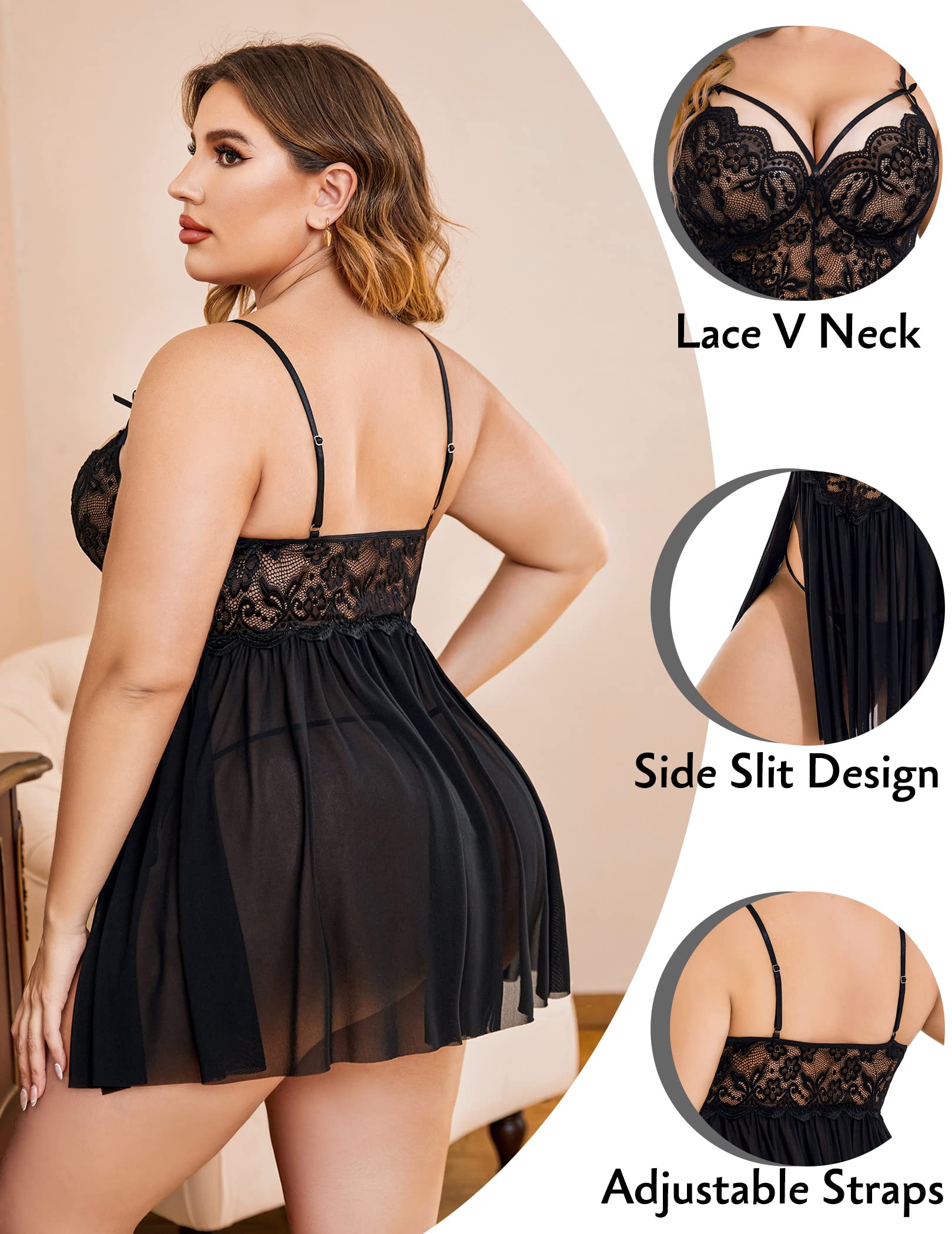 Avidlove Womens Plus Size Lingerie Lace Babydoll Strap Chemise Nightwear V Neck Sleepwear Side Slit Nighties Black