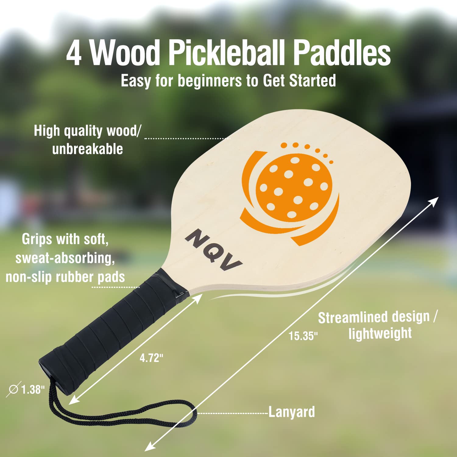 NQV Pickleball Set with Net, 4 Wood Paddles, 22FT Net, 4 Balls, 1 Bag, 2 Chalks, Yellow, Beginner