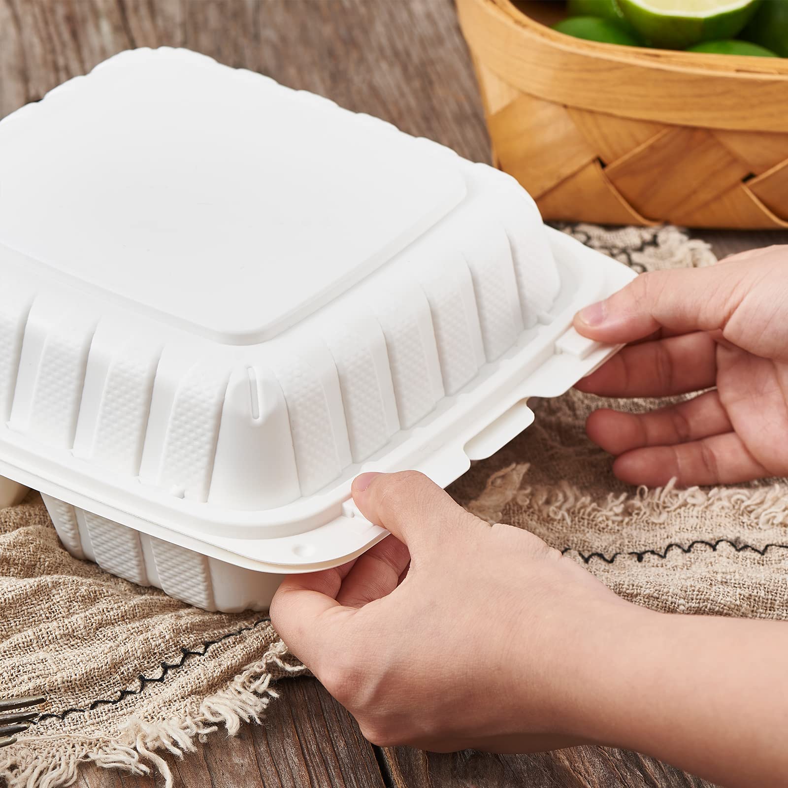 8X8" 1-Compartment 50Pack Plastic Clamshell Take Out Food Containers Heavy-Duty Togo Disposable Lunch Box With Secure Snap Hinged Lid Meal Prep for Parties Restaurants and Food Trucks Microwave Safe