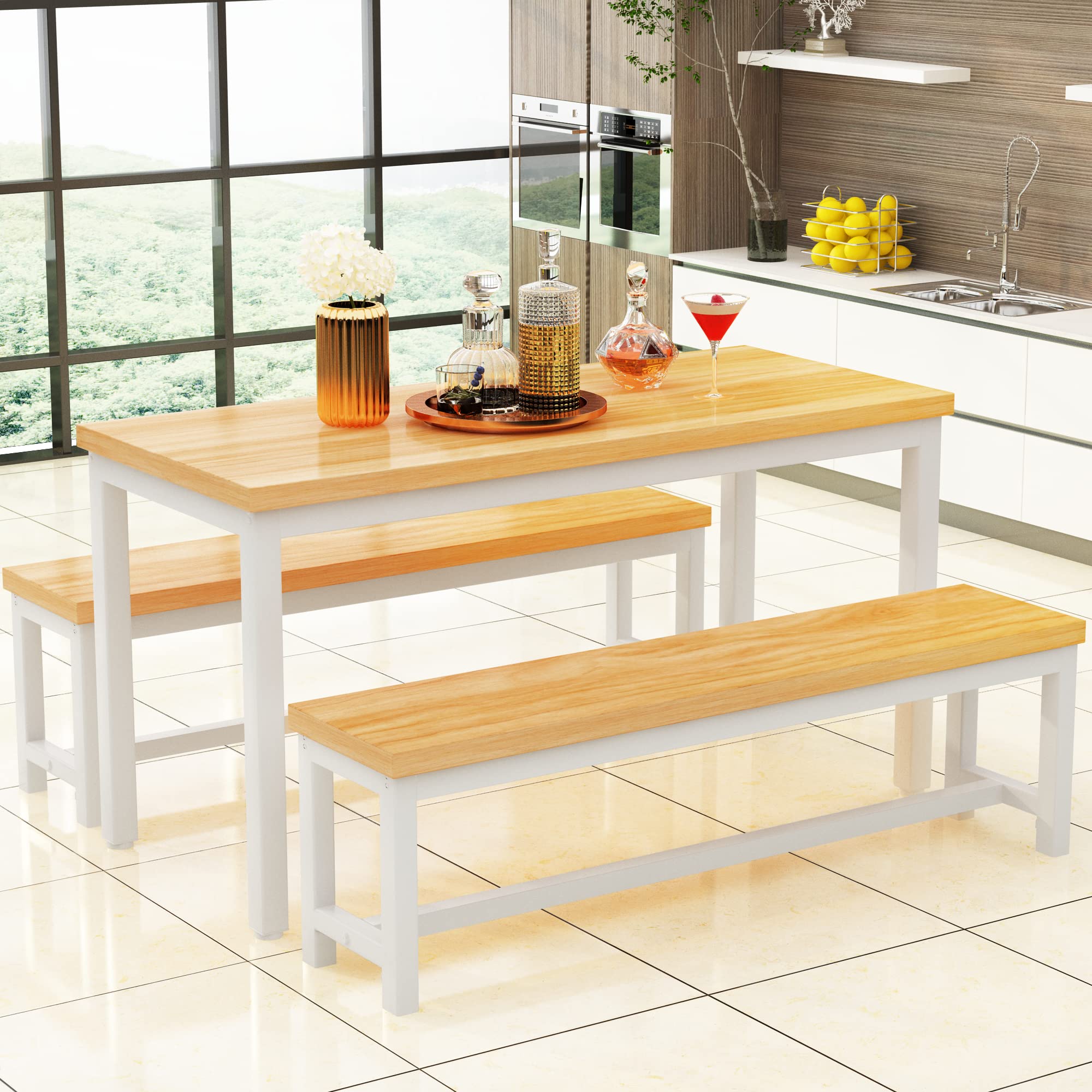 AWQM Dining Room Table Set, Kitchen Set with 2 Benches, Ideal for Home, and Room, Breakfast of 43.3x23.6x28.5 inches, Benches 38.5x11.8x17.5 Beige