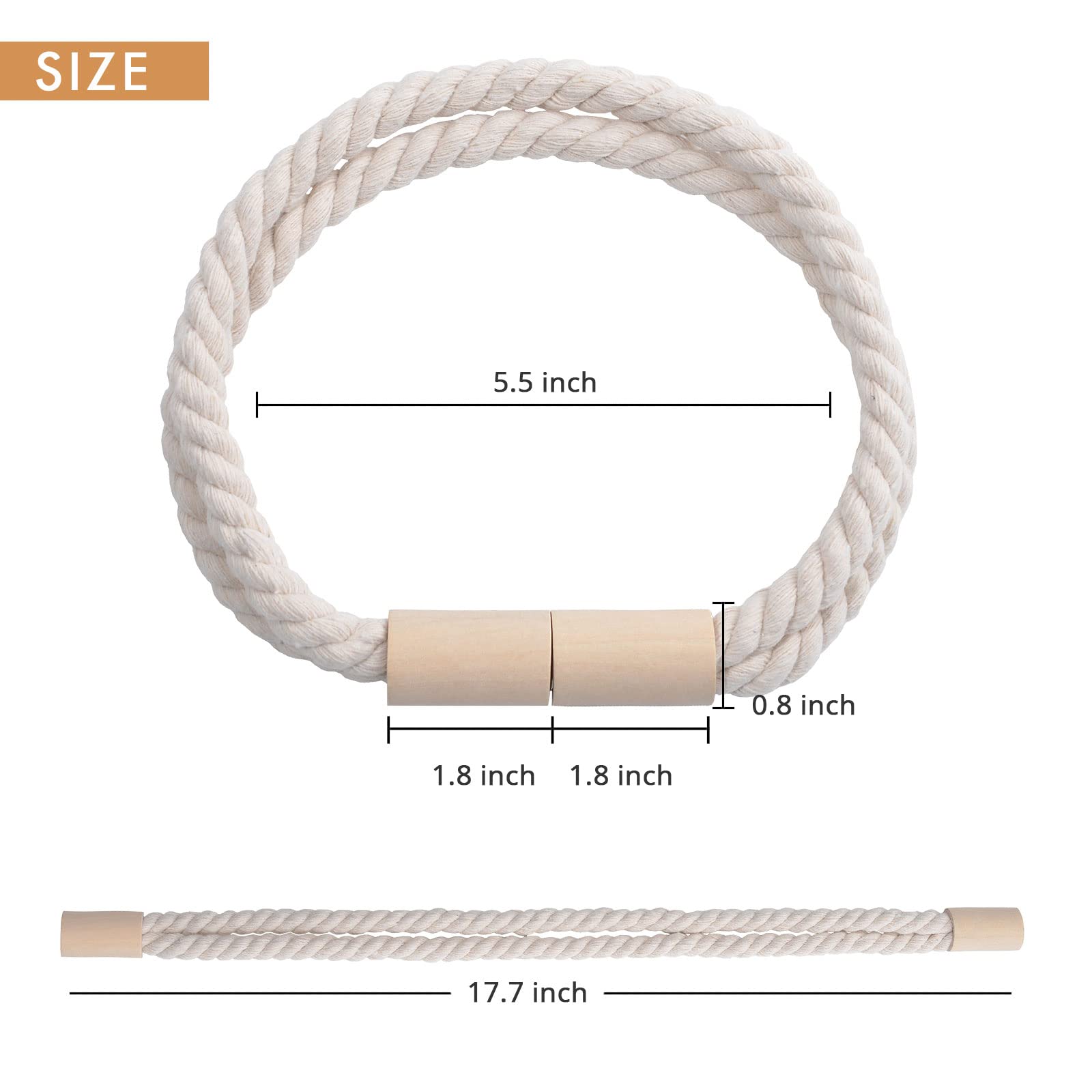 NICEEC 2 Pack Wooden Magnetic Curtain Tiebacks Boho Decoration Drape Tie Backs Natural Cotton Handmade Double Rope Curtain Holdbacks for Thin or Thick Home & Office Window Drapery (New Beige)