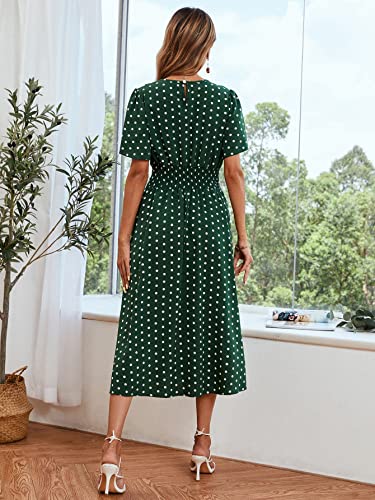 Verdusa Women's Polka Dots Print Short Sleeve Shirred A Line Flared Midi Dress Dark Green M
