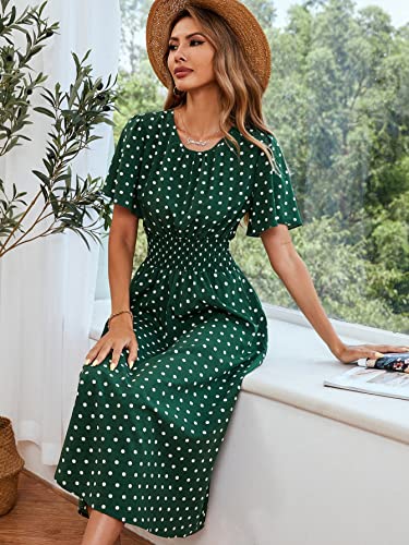 Verdusa Women's Polka Dots Print Short Sleeve Shirred A Line Flared Midi Dress Dark Green M