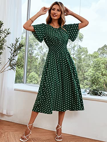 Verdusa Women's Polka Dots Print Short Sleeve Shirred A Line Flared Midi Dress Dark Green M