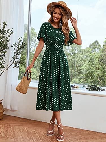 Verdusa Women's Polka Dots Print Short Sleeve Shirred A Line Flared Midi Dress Dark Green M