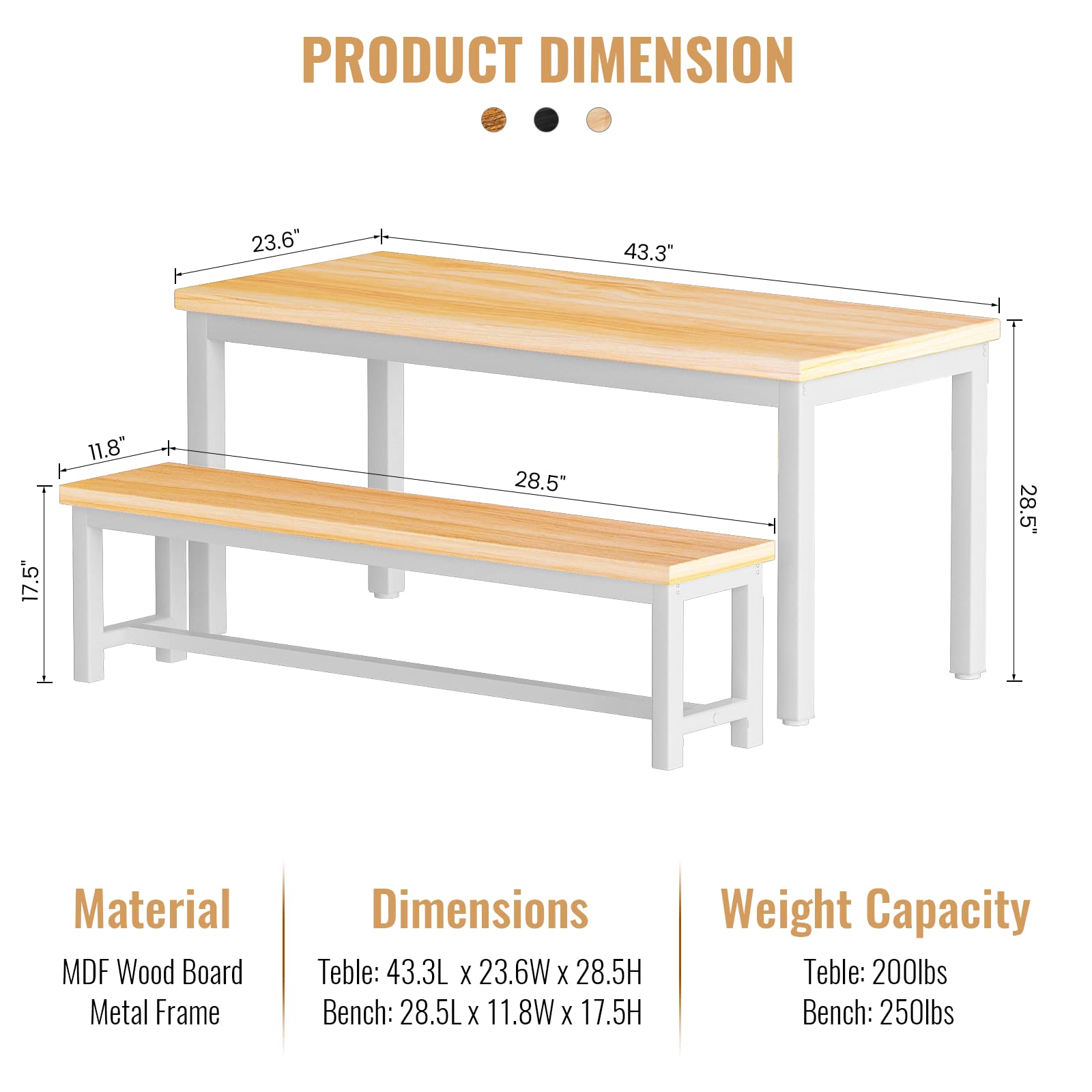 AWQM Dining Room Table Set, Kitchen Set with 2 Benches, Ideal for Home, and Room, Breakfast of 43.3x23.6x28.5 inches, Benches 38.5x11.8x17.5 Beige