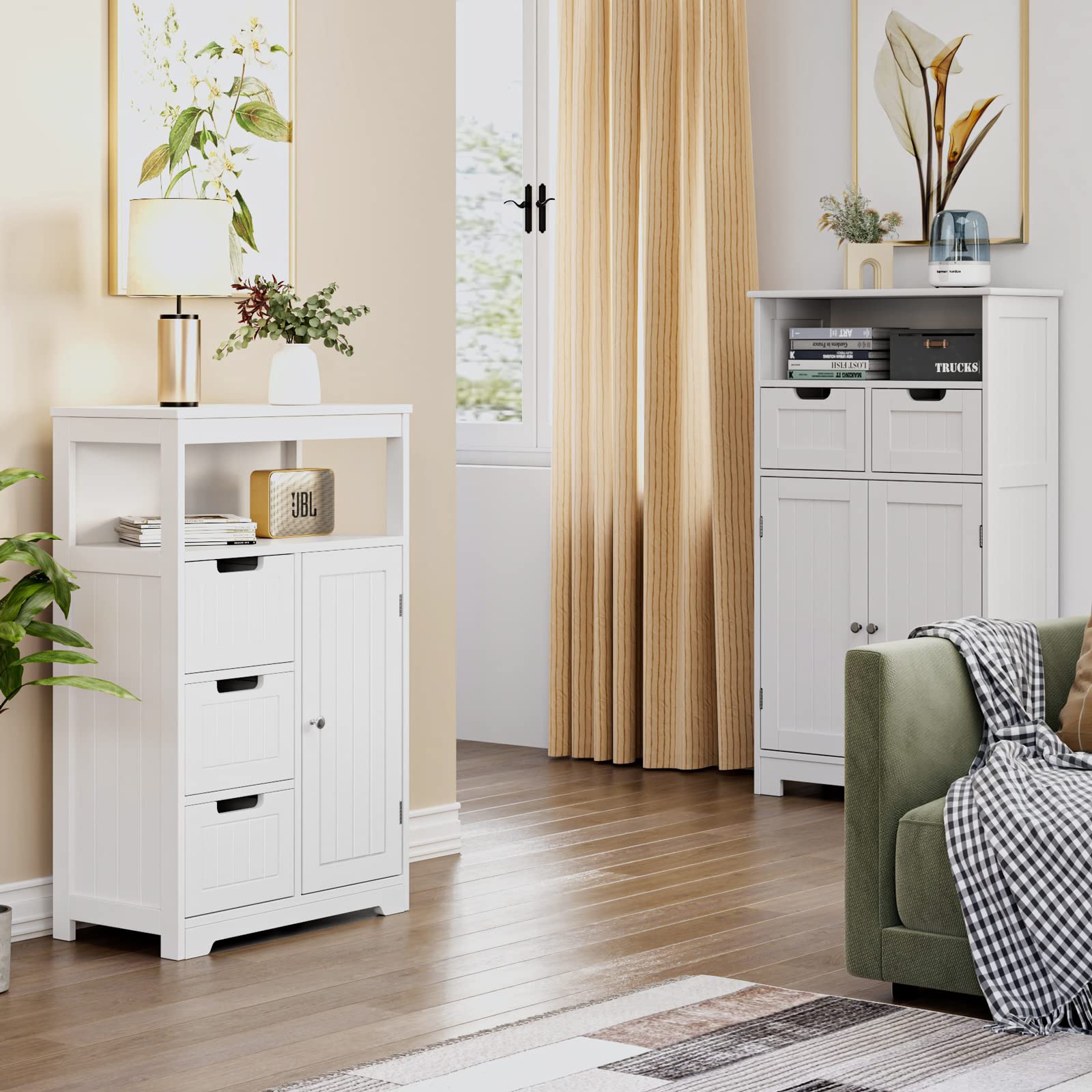 HORSTORS Bathroom Floor Cabinet, Free Standing Storage Cabinet with 3 Drawers and 1 Door & Adjustable Shelf, Modern Entryway Cupboard for Home Office, White
