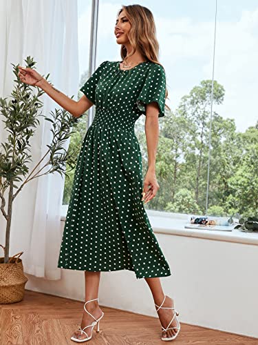 Verdusa Women's Polka Dots Print Short Sleeve Shirred A Line Flared Midi Dress Dark Green M
