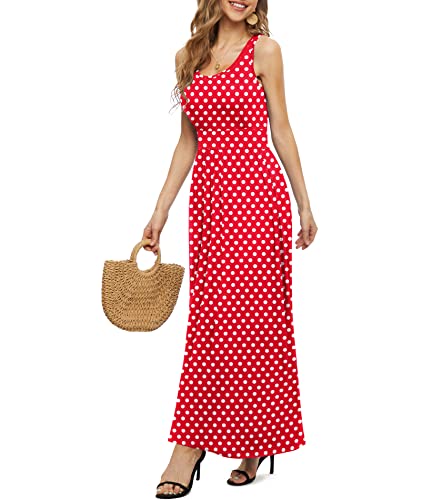 LILBETTER Women's Sleeveless Casual Summer Long Dresses Maxi Dresses(Flower Red Polka Dot,Small)