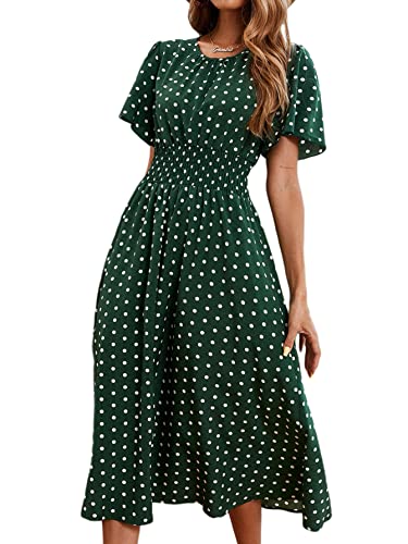 Verdusa Women's Polka Dots Print Short Sleeve Shirred A Line Flared Midi Dress Dark Green M
