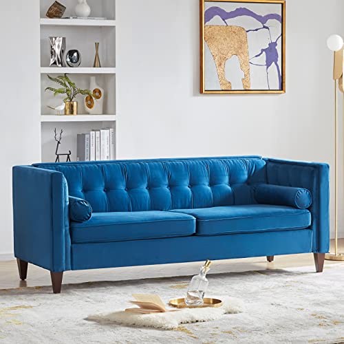 Dreamsir 58'' W Velvet Sofa, Mid-Century Love Seats Sofa Furniture with Bolster Pillows, Button Tufted Couch for Living Room, Tool-Free Assembly (Loveseat, Navy Blue)