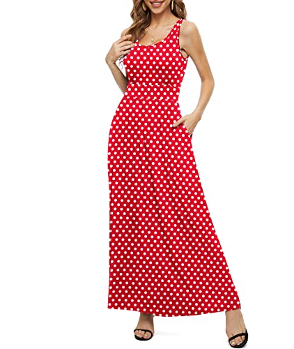 LILBETTER Women's Sleeveless Casual Summer Long Dresses Maxi Dresses(Flower Red Polka Dot,Small)