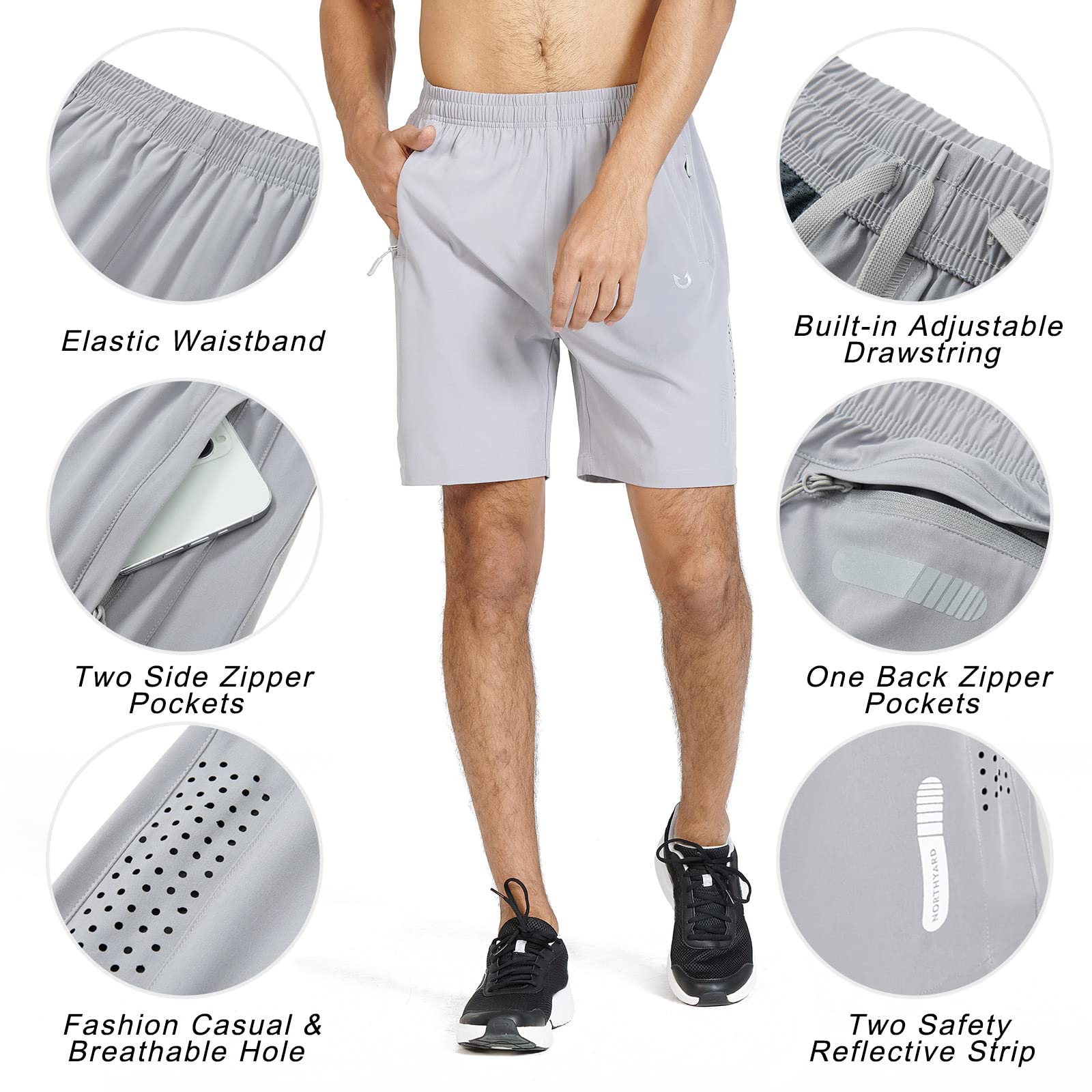 NORTHYARD Men's Athletic Running Shorts Quick Dry Workout Shorts 7"/ 5"/ 9" Lightweight Sports Gym Basketball Shorts Hiking Exercise Grey M