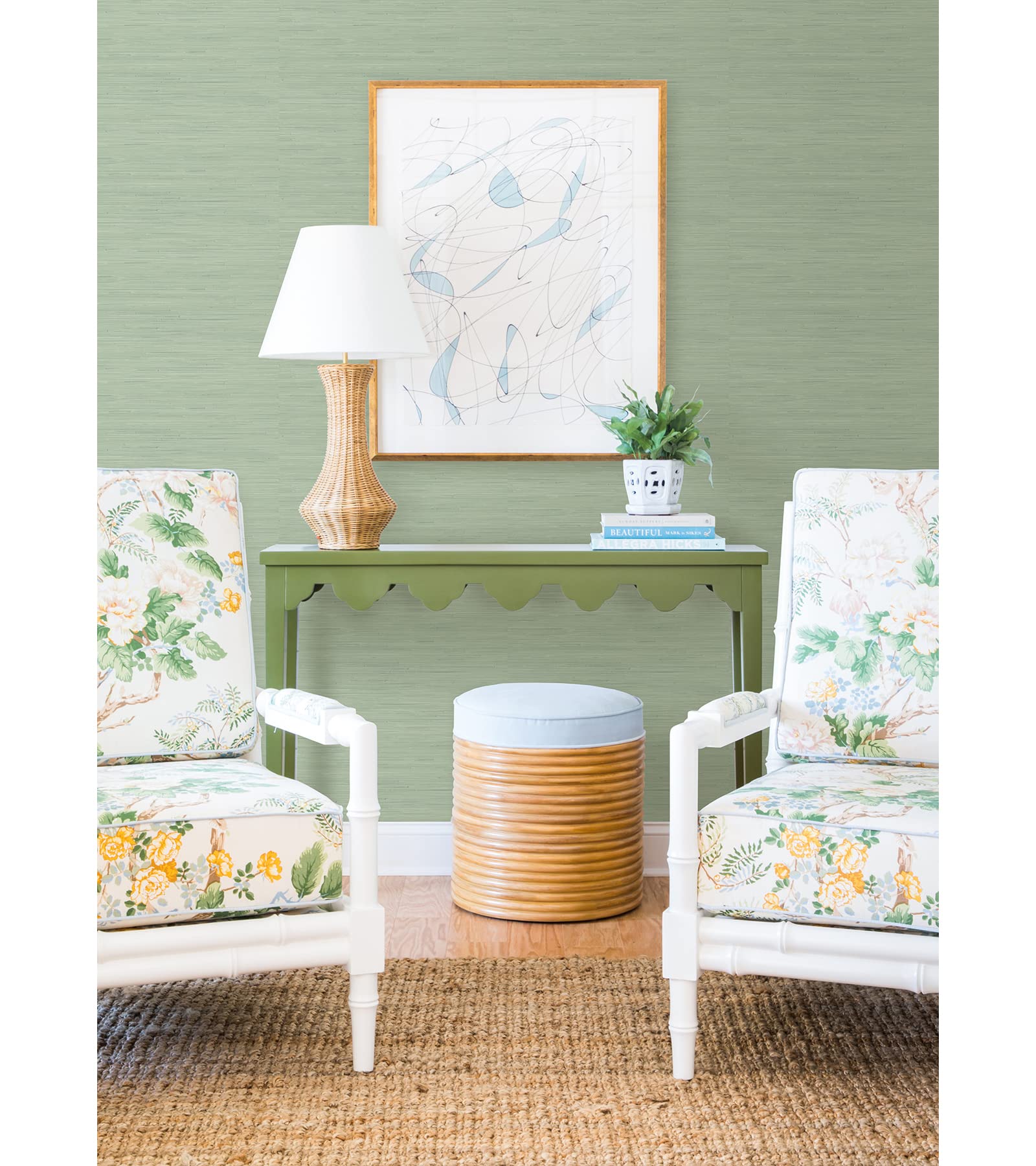NuWallpaper x Social Social Classic Faux Grasscloth Peel and Stick Wallpaper, Sage