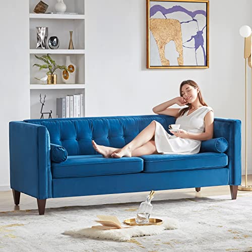 Dreamsir 58'' W Velvet Sofa, Mid-Century Love Seats Sofa Furniture with Bolster Pillows, Button Tufted Couch for Living Room, Tool-Free Assembly (Loveseat, Navy Blue)