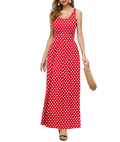 LILBETTER Women's Sleeveless Casual Summer Long Dresses Maxi Dresses(Flower Red Polka Dot,Small)