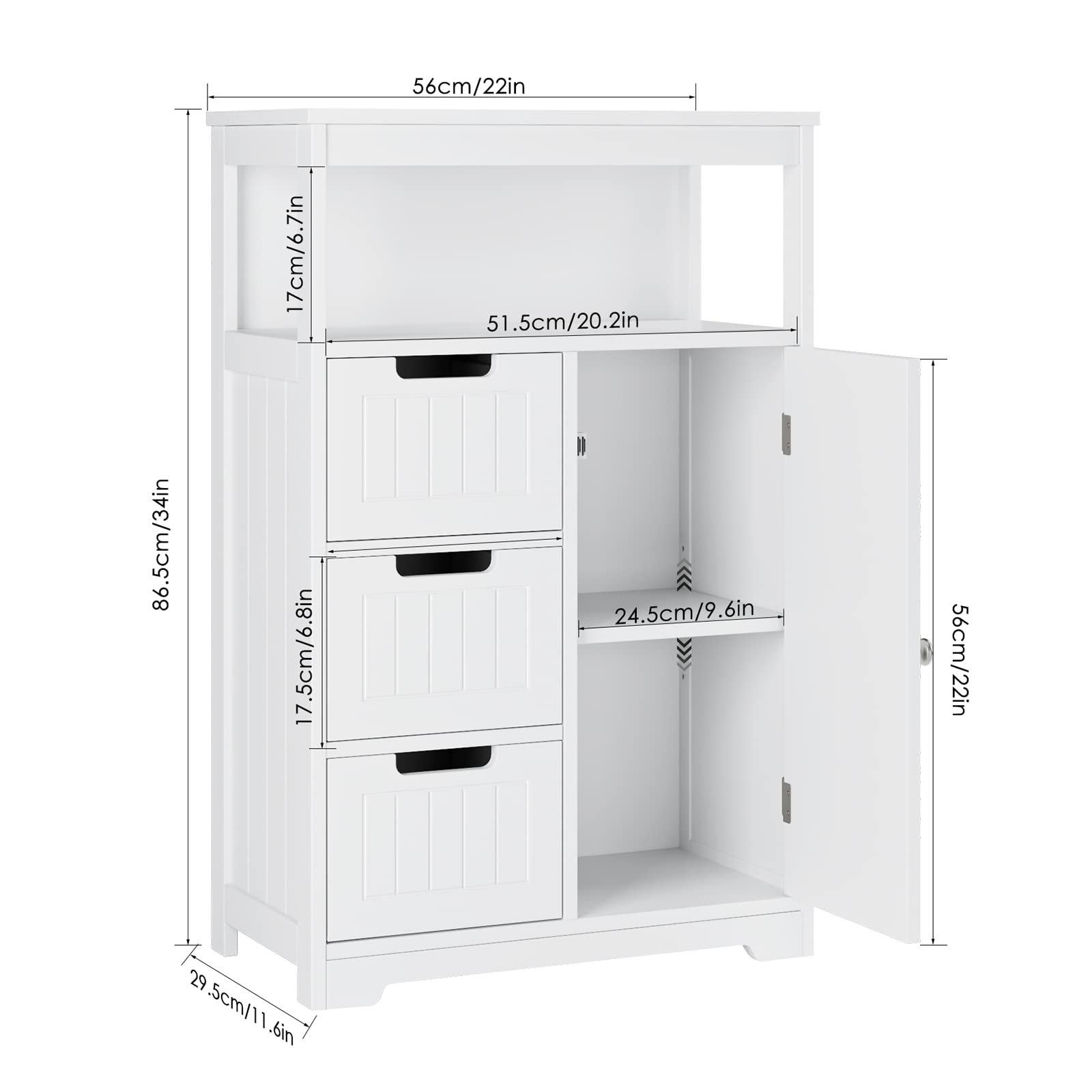 HORSTORS Bathroom Floor Cabinet, Free Standing Storage Cabinet with 3 Drawers and 1 Door & Adjustable Shelf, Modern Entryway Cupboard for Home Office, White