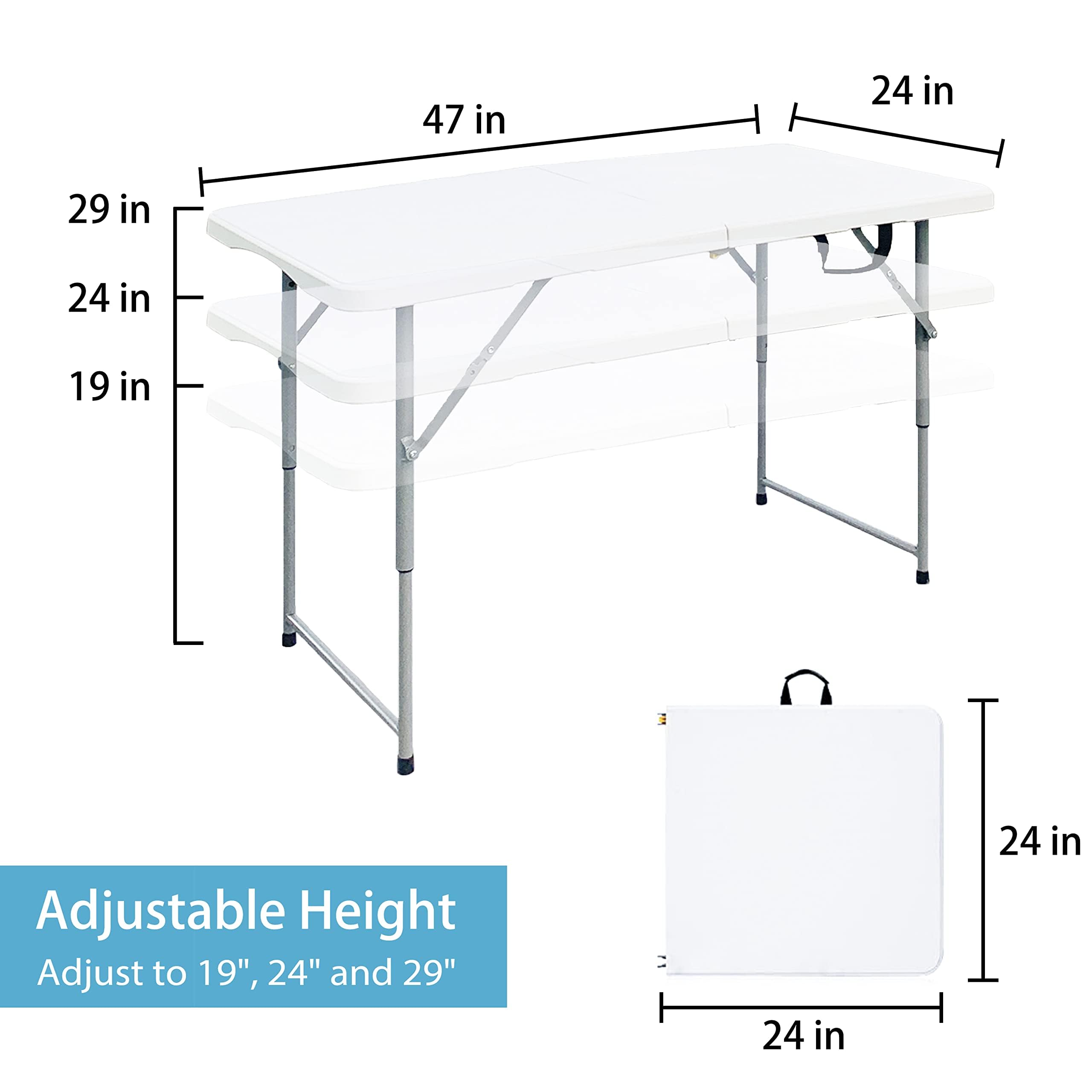 JingPieCle 4 Foot Folding Table Adjustable Height, Foldable Heavy Duty Plastic Table, Small Portable Card Table with Carry Handle, Fold up Lightweight Table for Dining Party, Mesa Plegable para