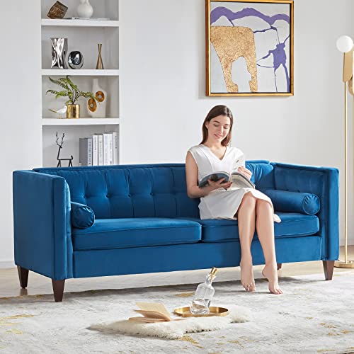 Dreamsir 58'' W Velvet Sofa, Mid-Century Love Seats Sofa Furniture with Bolster Pillows, Button Tufted Couch for Living Room, Tool-Free Assembly (Loveseat, Navy Blue)