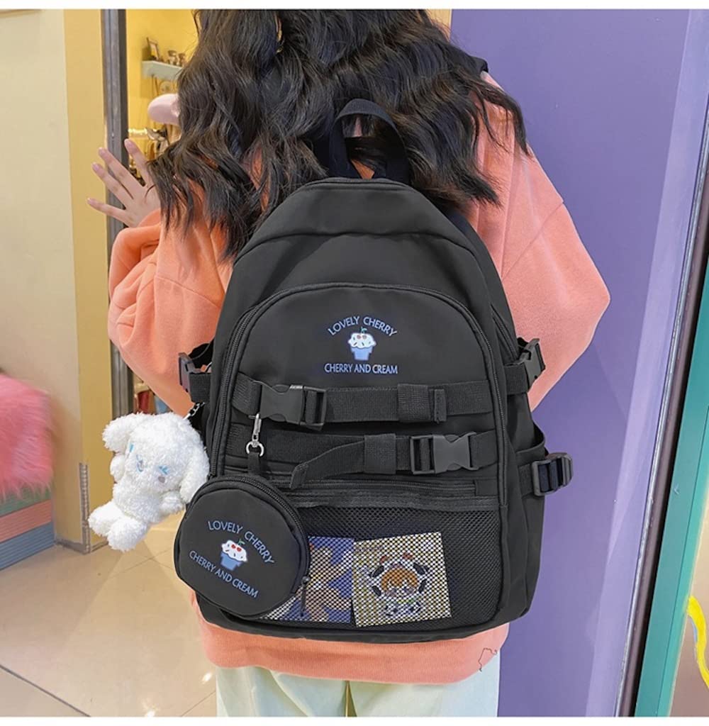 JHTPSLR Aesthetic Backpack with Purse and Plushies Cute Kawaii Backpack with Accessories Japanese Backpack Teen Girls Back to School Supplies (Black)
