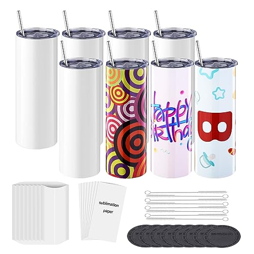 IMAGETI 8 Pack Sublimation Tumblers 20 oz Skinny Straight Tumbler Blank White, Stainless Steel, with Metal Straw, Insulated Tumbler with Leak-Proof Lids for Tumbler Heat Press