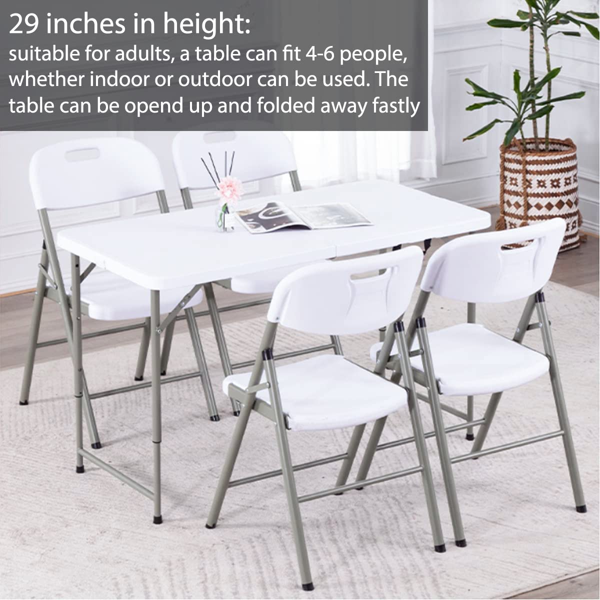 JingPieCle 4 Foot Folding Table Adjustable Height, Foldable Heavy Duty Plastic Table, Small Portable Card Table with Carry Handle, Fold up Lightweight Table for Dining Party, Mesa Plegable para