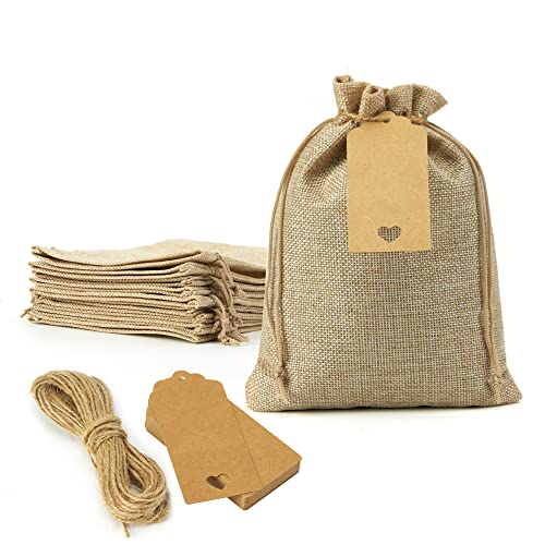 FOCCIUP 10 Pcs 6" x 8" Burlap Gift Bags with Drawstring Gift Bags for Wedding Party Jewelry Craft Packing with Tags