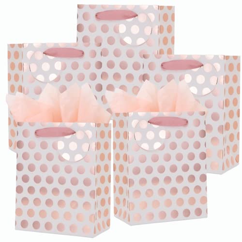 UNIQOOO 12PCS Christmas Metallic Rose Gold Gift Bags Bulk with Tag, Medium 9x7 Inch, Modern Pink Polka Dots Foil Paper Wrap Bags, for Wedding, Birthday, Valentine's Day, Mother's Day Gift Packaging Décor Party Favor