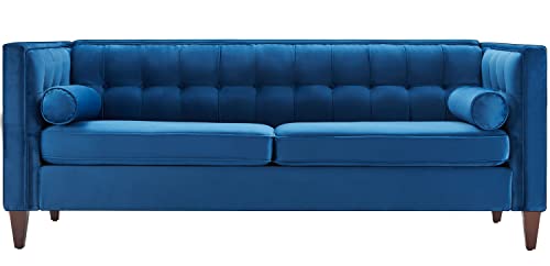 Dreamsir 58'' W Velvet Sofa, Mid-Century Love Seats Sofa Furniture with Bolster Pillows, Button Tufted Couch for Living Room, Tool-Free Assembly (Loveseat, Navy Blue)