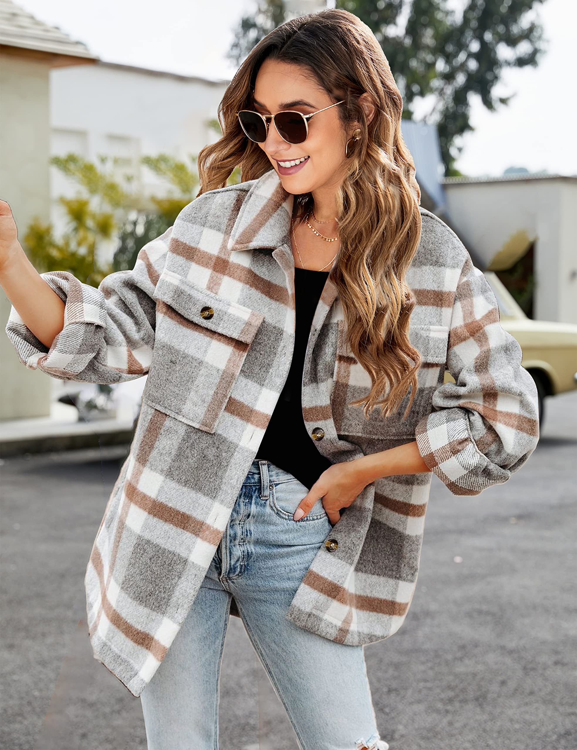 Meyhad Womens Flannel Plaid Jacket Long Sleeve Button Down Pocketed Shirts Coats Shacket (0002-KhakiX1-L)