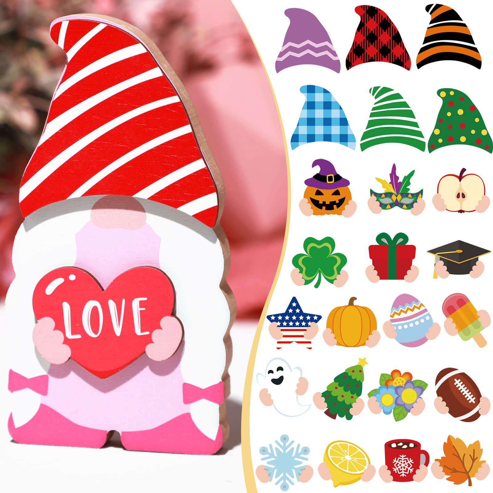 30 Pieces Holiday Interchangeable Easter Wooden Gnome Decor DIY Saint Patrick Seasonal Tiered Tray Decoration with Magnet Swappable Detachable Hats Changeable Welcome Sign for Home