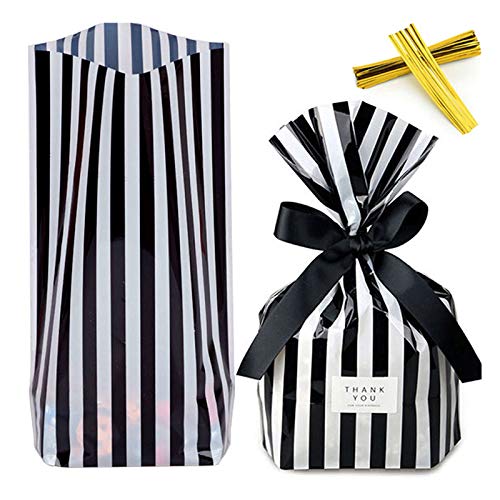 ZOOYOO Black Stripes Clear Cello Bags Plastic Candy Party Favor cellophane Treat Bags,Pack of 50