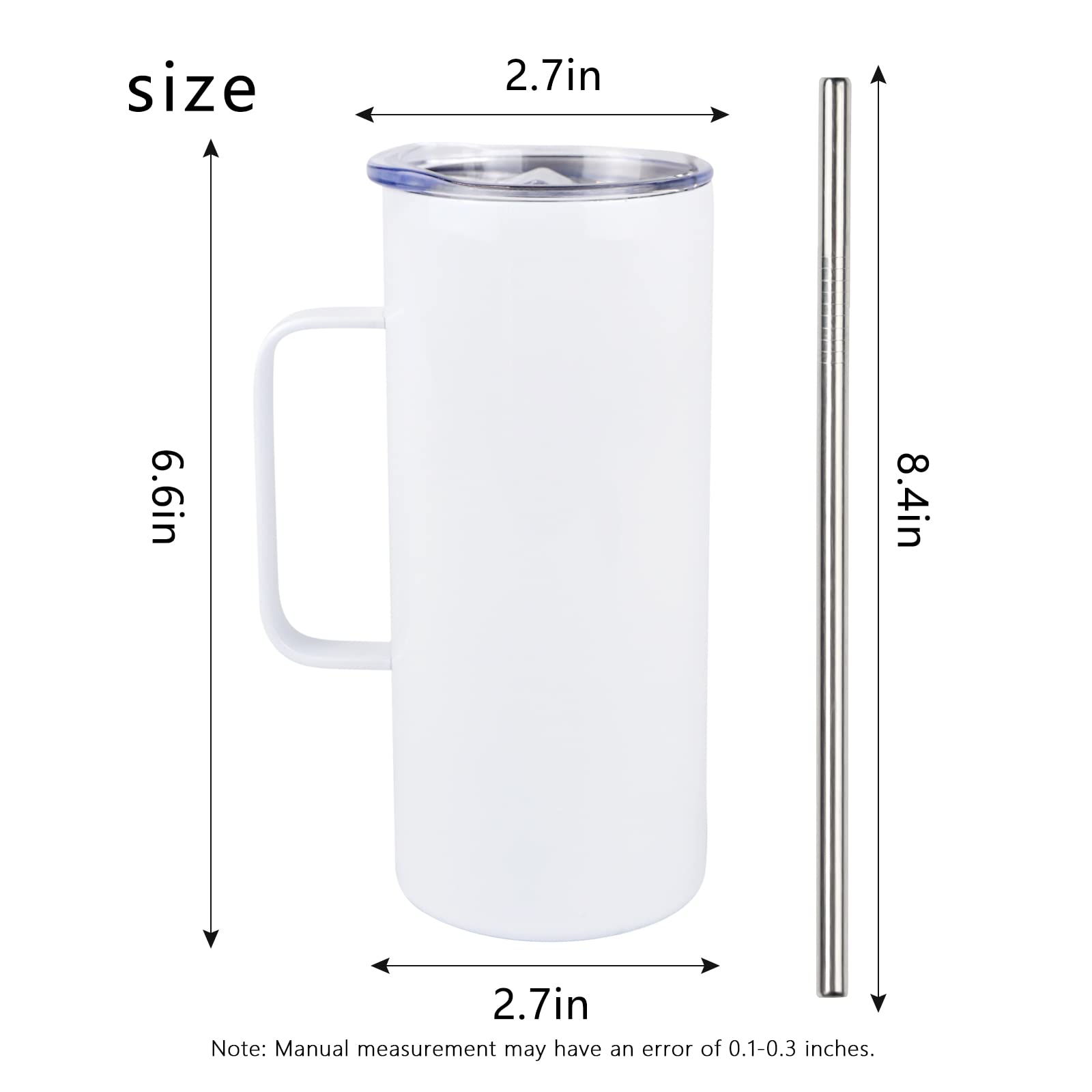 MAIKESUB 4 Pcs Sublimation Blank Skinny Tumbler 16 OZ White Mugs with Handle and Straw Double Wall Stainless Steel Coffee Travel Straight Mug with Sliding Lid