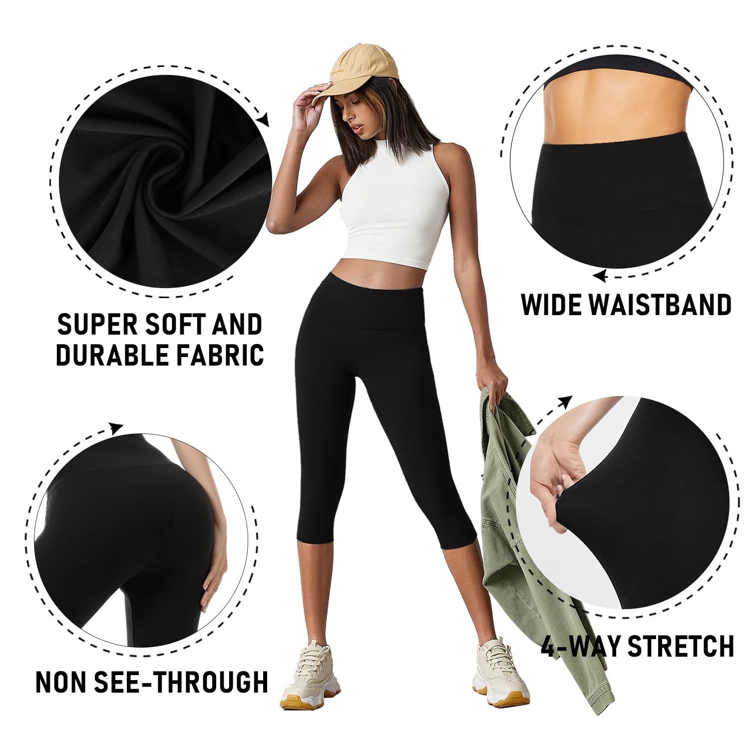 we fleece Women’s Soft Capri Leggings for Women-High Waisted Tummy Control Non See Through Workout Running Black Leggings Yoga Pants (White, Large-X-Large)