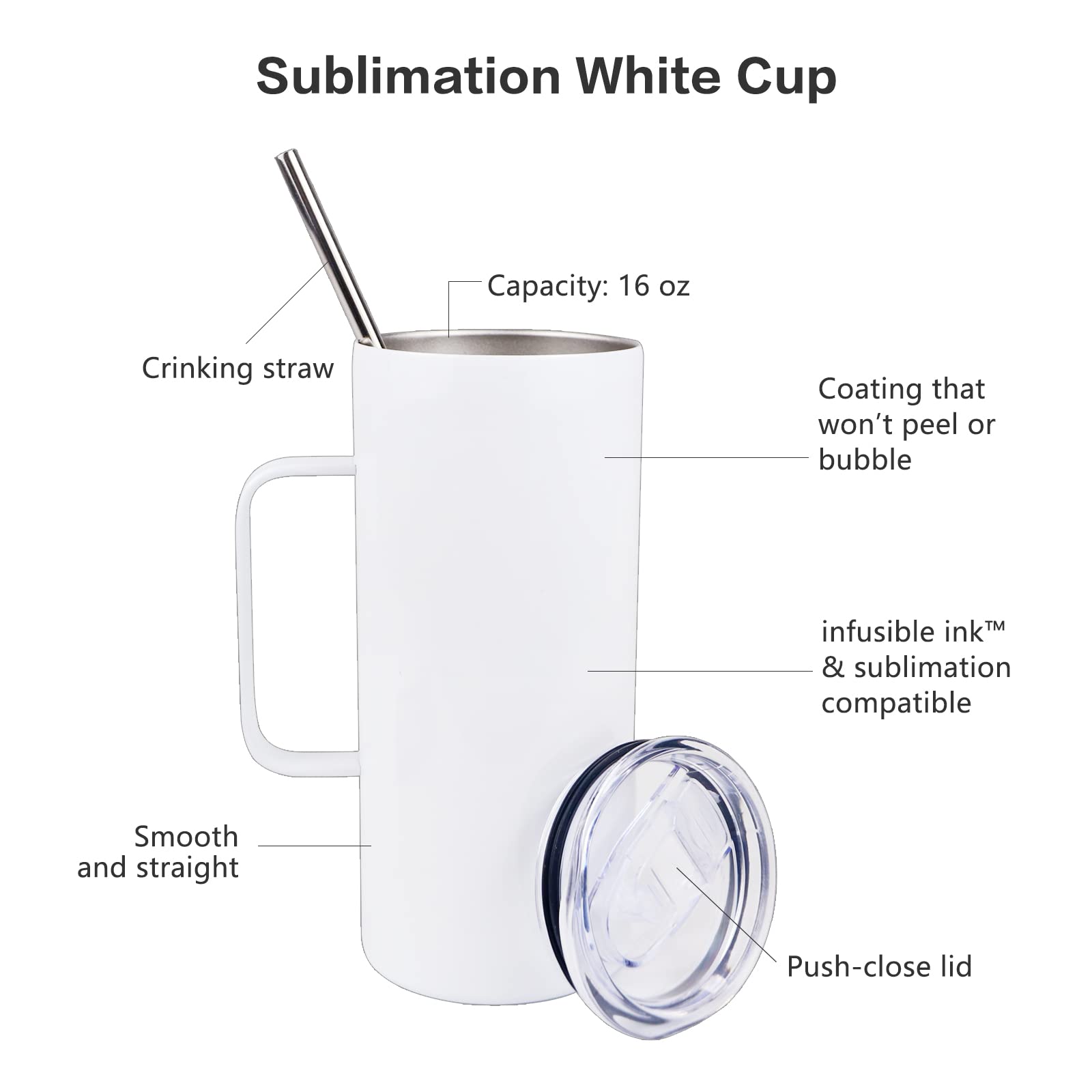 MAIKESUB 4 Pcs Sublimation Blank Skinny Tumbler 16 OZ White Mugs with Handle and Straw Double Wall Stainless Steel Coffee Travel Straight Mug with Sliding Lid