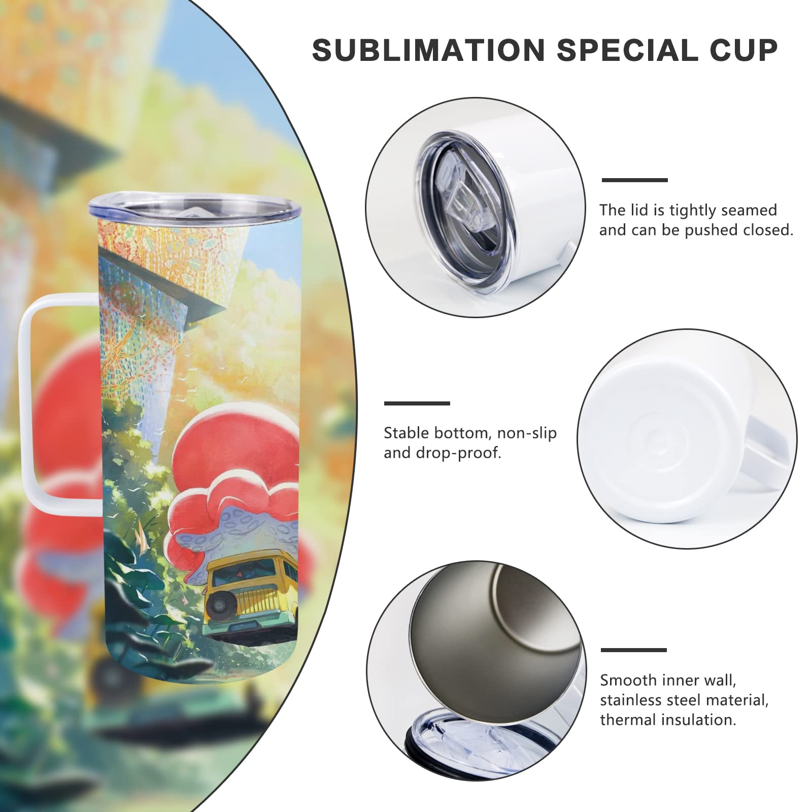 MAIKESUB 4 Pcs Sublimation Blank Skinny Tumbler 16 OZ White Mugs with Handle and Straw Double Wall Stainless Steel Coffee Travel Straight Mug with Sliding Lid