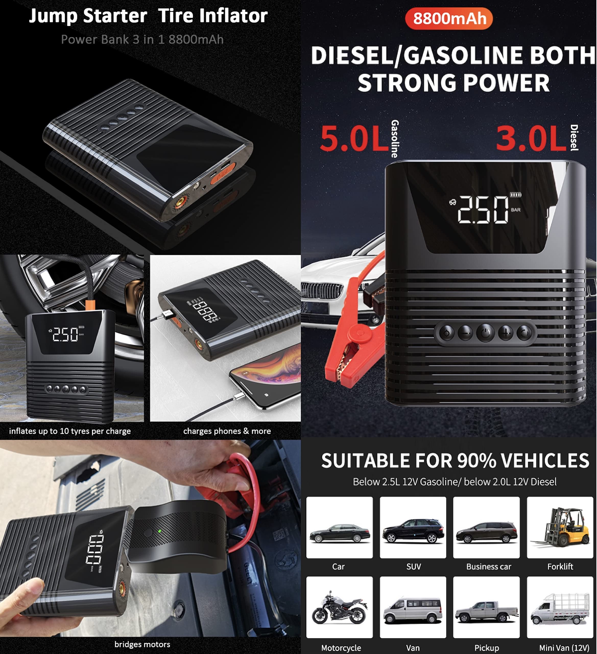 Usetify Car Battery Jump Starter with Tire Inflator Air Compressor Air Pump Inside [Fast Inflate 150PSI] [8800mAh Strong Power] for Car Motorcycle Bicycle Ball, 12V Emergency Auto Battery Booster