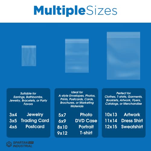 SPARTAN INDUSTRIAL - 12" X 15" (200 Count) Crystal Clear Resealable Polypropylene Poly Bags for Packaging, Clothing & T Shirts - Self Seal & Reinforced